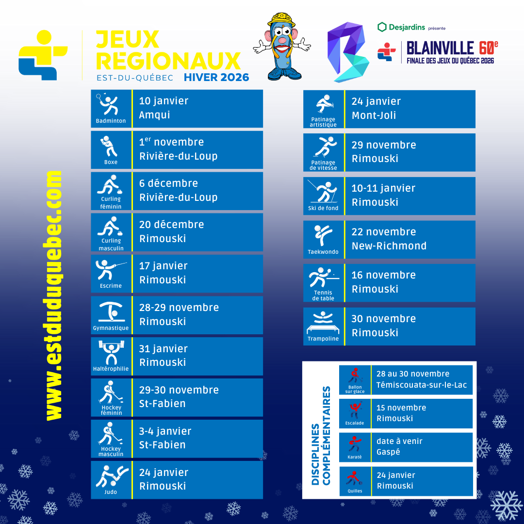 Calendrier - hiver 2026 | Jeux du Québec – région Est-du-Québec